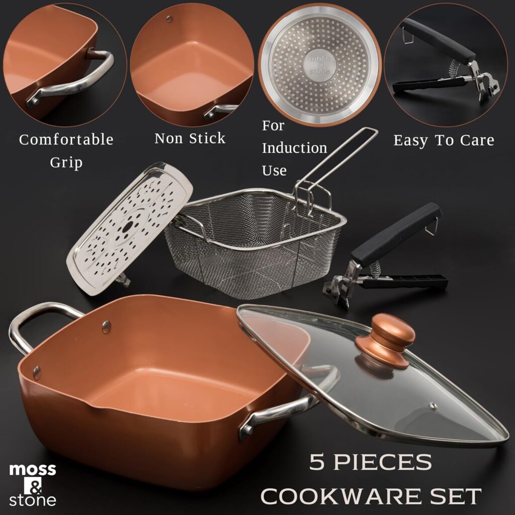 5 Pcs Copper Chef Cookware Set, 9.5” Non Stick Deep Frying Pan, Fry ...