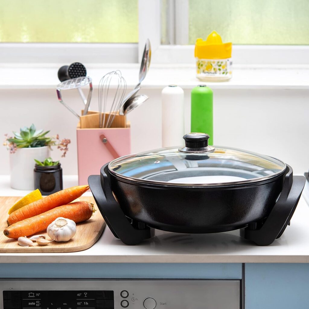 Round Nonstick Electric Skillet With Lid, Aluminum 12 Inch Electric ...