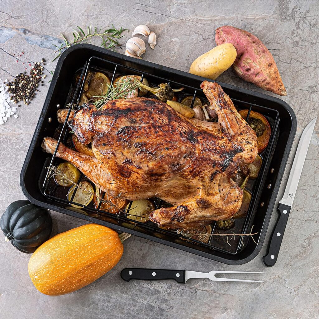 Carbon Steel Roaster Pan With “V” Shape Removable Roasting Rack Set, 16 ...