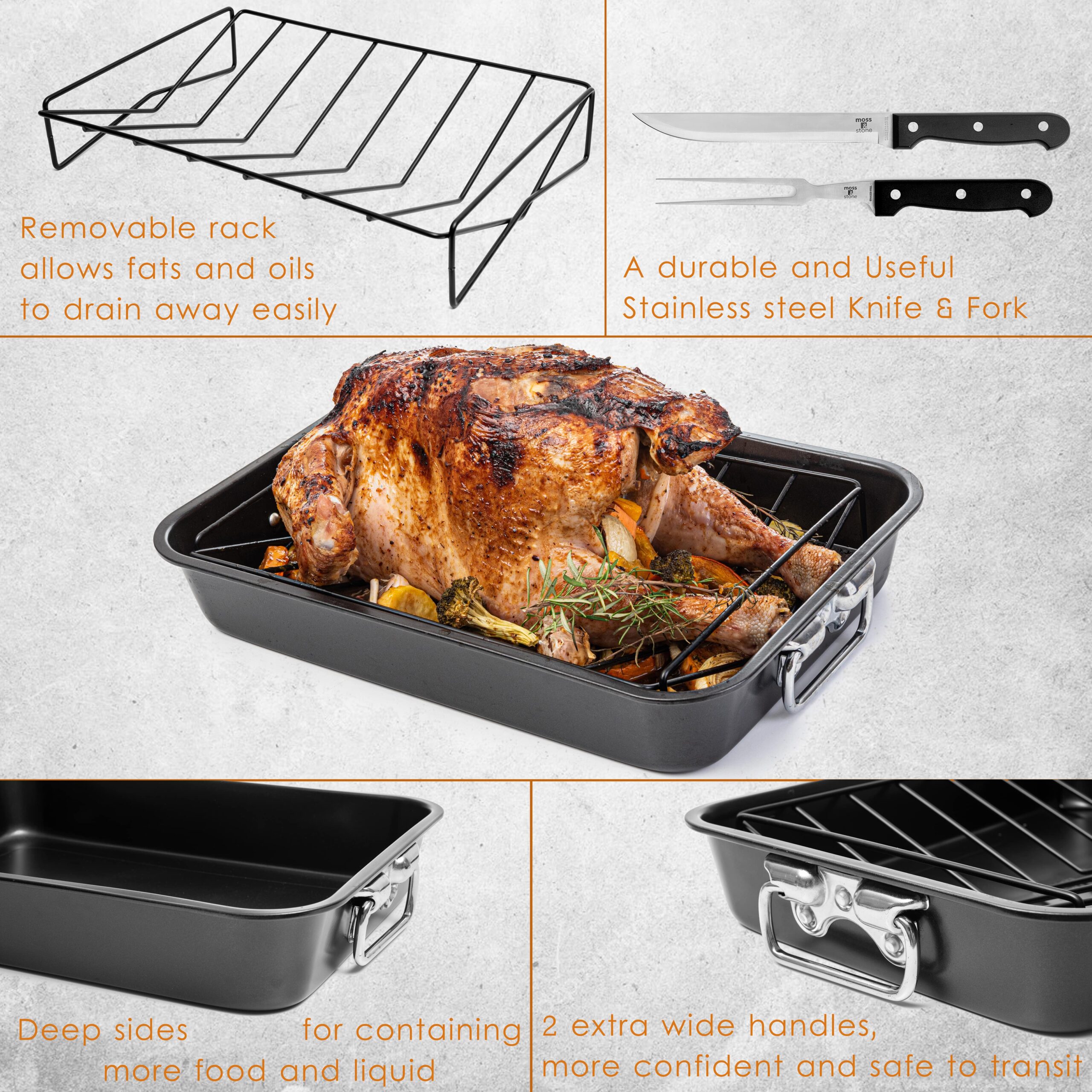 Carbon Steel Roaster Pan With “V” Shape Removable Roasting Rack Set,18 ...