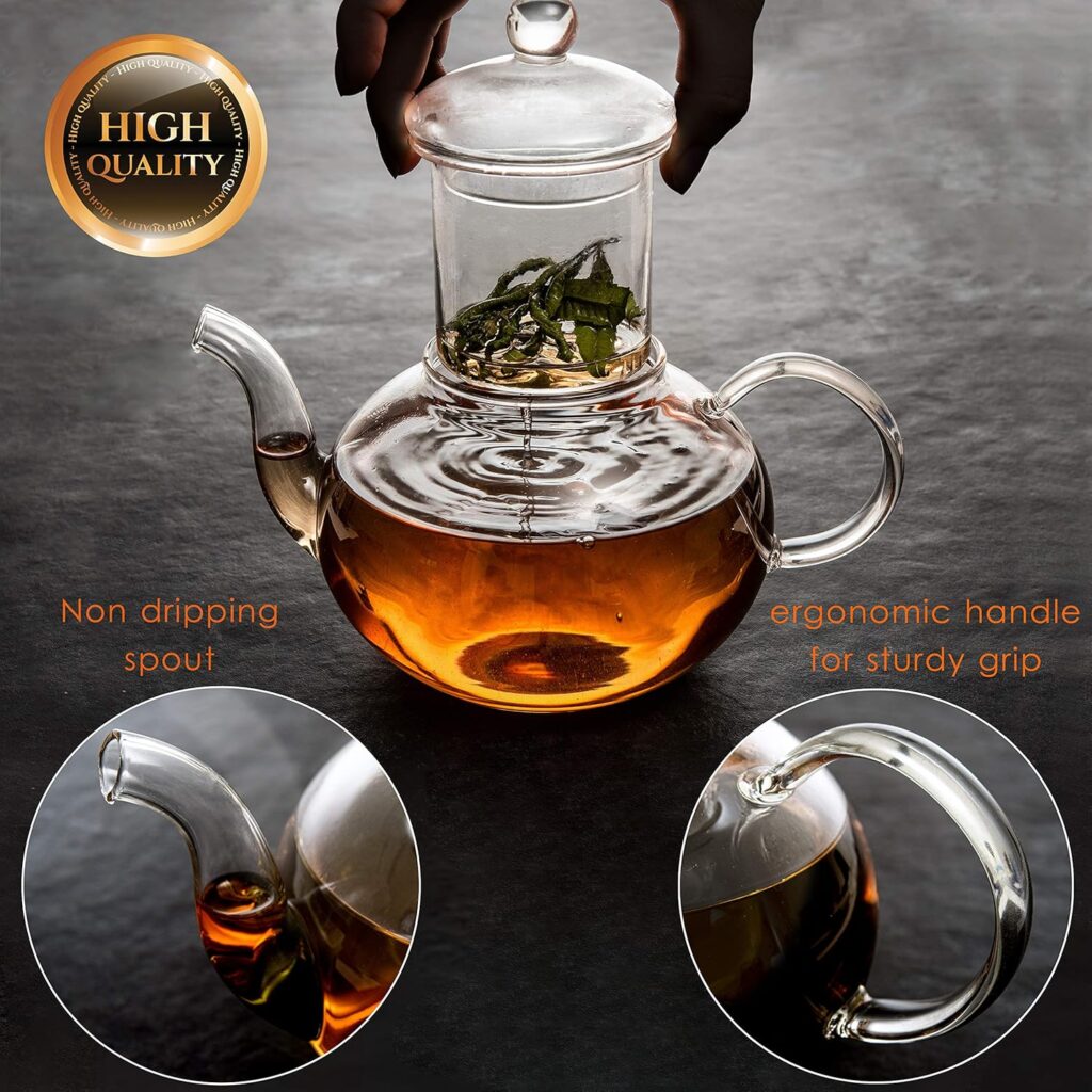 Glass 27oz Tea Kettle Infuser & 4 Tea Cups Gift Set, Borosilicate Glass ...